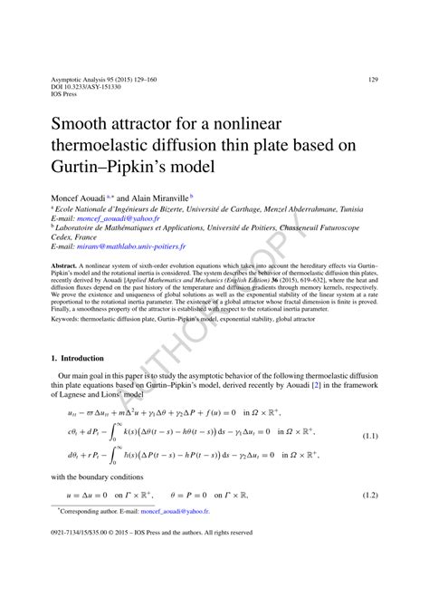 Pdf Smooth Attractor For A Nonlinear Thermoelastic Diffusion Thin Plate Based On Gurtinpipkin