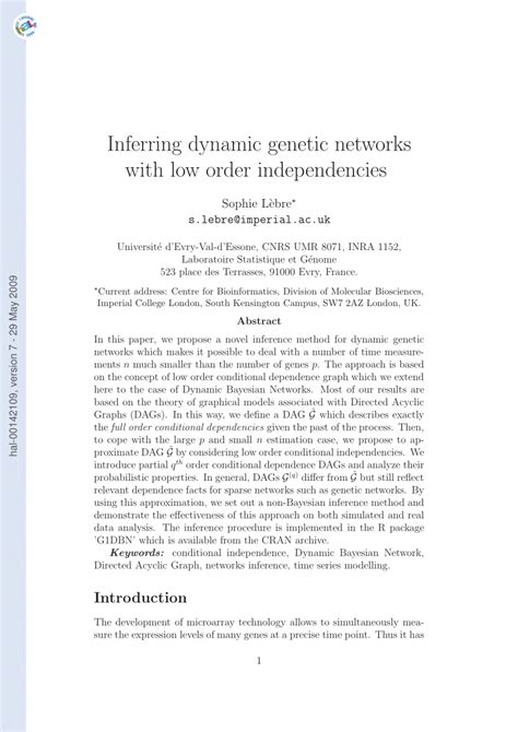 Pdf Inferring Dynamic Genetic Networks With Low Order Independencies