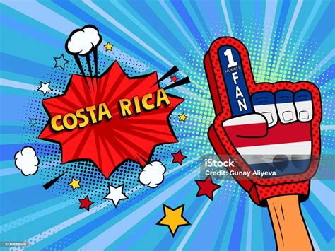 남성 스포츠 팬 제기 코스타리카 국가 깃발의 승리를 축 하 하는 장갑에 손을 별과 구름과 코스타리카 연설 거품이 있다입니다 벡터 화려한 팬 일러스트 레이 션 경쟁에 대한