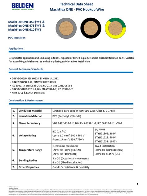 Machflex One Pvc Technical Data Sheet Pdf Electrical Wiring Wire