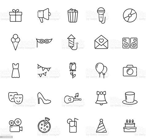 흰색 배경에서 격리된 파티 윤곽 벡터 아이콘입니다 웹 및 Ui 디자인 모바일 앱 인쇄 폴리그래피 및 프로모션 광고 비즈니스를 위한 파티 축하 아이콘 세트 Dj에 대한 스톡