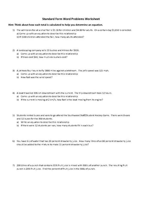 standard form word problems worksheet