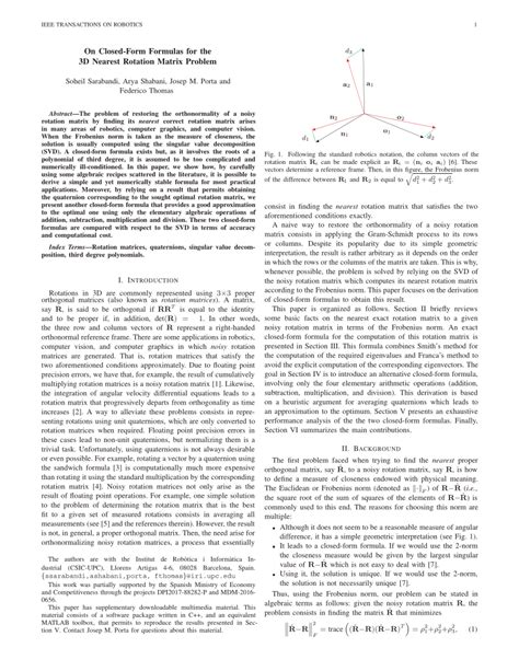 PDF On Closed Form Formulas For The D Nearest Rotation Matrix Problem