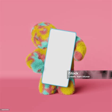 귀여운 봉제 무지개 예티 스마트폰 모형 3d 렌더링 캐릭터 분홍색 배경 현대 창조적 인 휴일 판매 디자인입니다 3차원 형태에