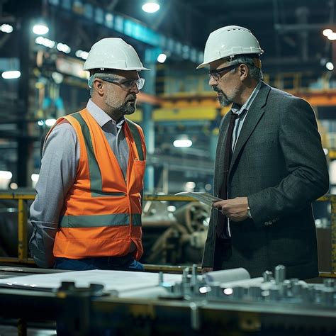 Manager And Engineer Reviewing Blueprints In Steel Factory Premium Ai