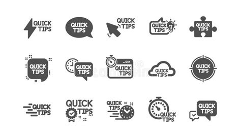 Quick Tips Icons Helpful Tricks Solution And Quickstart Guide Classic Icon Set Vector Stock