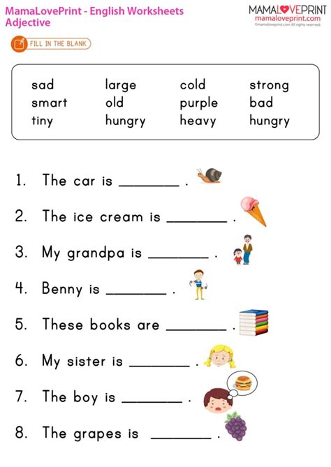 Mamaloveprint Grade 1 English Worksheets Basic Grammar Adjectives