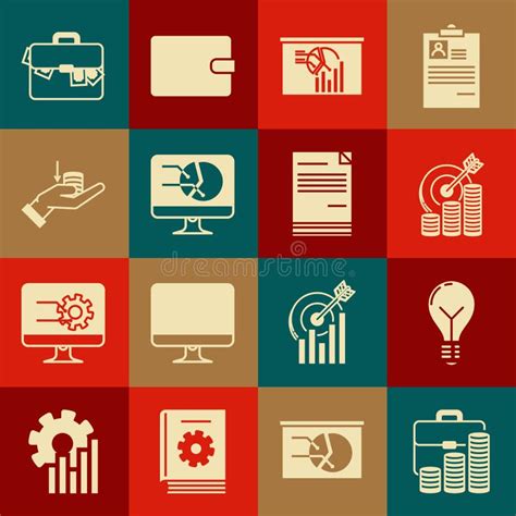 Set Briefcase And Coin Light Bulb With Concept Of Idea Target Symbol Board Graph Chart