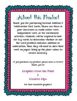 Decimal Addition And Subtraction Task Cards By Juanabay Teach TPT