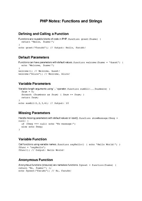 Php Notes Functions And Strings Overview And Usage Studocu