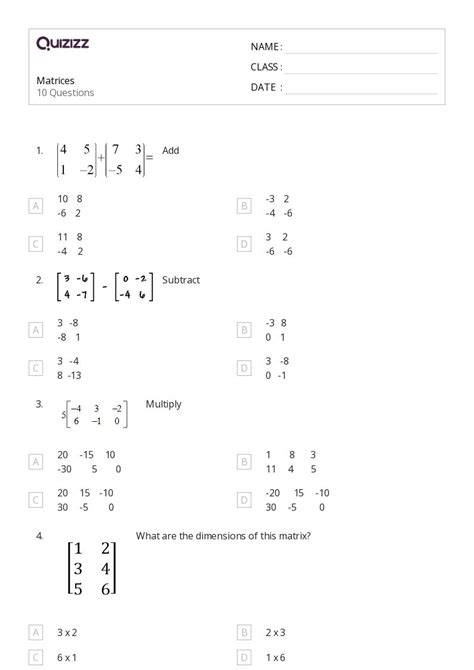 50 Matrices Worksheets For 10th Grade On Quizizz Free And Printable