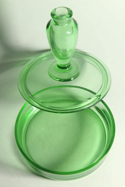 Art Deco Vintage Glass Powder Box W Perfume Bottle On Lid 1930s Green