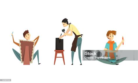 창조적 인 직업 세트의 사람들 조각가 가 그의 조각에 작업 캔버스 만화 벡터 일러스트에 예술가 그림 공예에 대한 스톡 벡터 아트 및 기타 이미지 Istock
