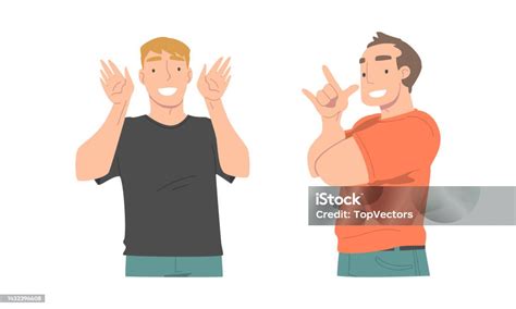 쾌활한 사람들이 손 제스처로 의사 소통을합니다 로큰롤을 보여주고 귀 근처에 손바닥을 들고 만화 벡터 일러스트레이션을 듣는 남자 귀 부분에 대한 스톡 벡터 아트 및 기타