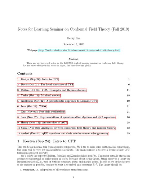 F19 Sem Conformal Field Theory Pdf Mathematics Physics