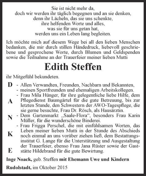Traueranzeigen Von Edith Steffen Trauer In Thueringen De