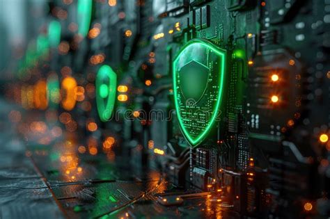 Glowing Green Shield Icon On Futuristic Computer Circuit Board Stock Illustration Illustration