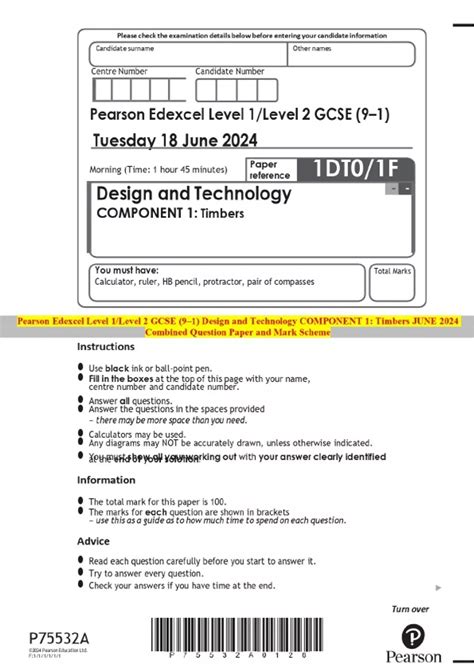 Pearson Edexcel Level 1 Level 2 Gcse 9 1 Design And Technology Component 1 Timbers June 2024