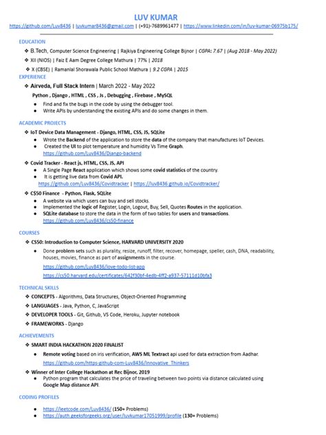 Resumeluvkumar Pdf Computer Programming Python Programming Language