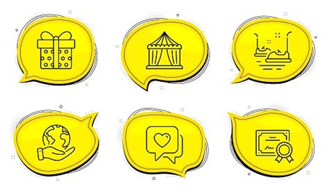 하트 서커스 텐트 및 선물 상자 아이콘 세트 범퍼 카 표지판 러브 채팅 어트랙션 파크 선물 패키지 벡터 공연에 대한 스톡 벡터 아트 및 기타 이미지 Istock