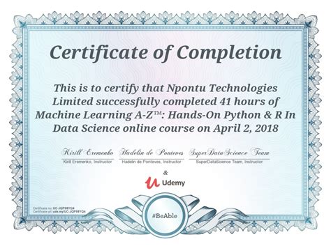 Alphonse Malan On Linkedin Completion Certificate For Machine Learning A Z™ Hands On Python