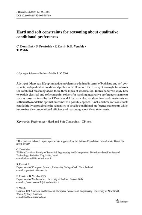 Pdf Hard And Soft Constraints For Reasoning About Qualitative Conditional Preferences