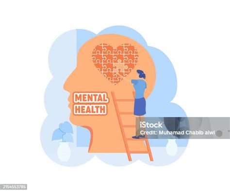 정신 건강 개념 뇌에서 하트 퍼즐을 만드는 소녀 세계 정신 건강의 날 심리 치료 및 치료 평면 디자인 플랫 벡터 현대 일러스트