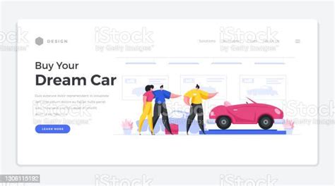 드림 카 구매 홈 페이지 템플릿 남성과 여성은 빨간색 빈티지 자동차에 대한 판매자를 요청합니다 자동차 판매원에 대한 스톡 벡터 아트 및 기타 이미지 Istock