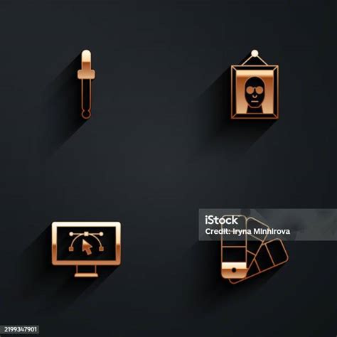 스포이드 색상 선택기 팔레트 그림 디자인 프로그램이 있는 컴퓨터 긴 그림자가 있는 색상 가이드 아이콘을 설정합니다 벡터 개념에 대한 스톡 벡터 아트 및 기타 이미지 Istock