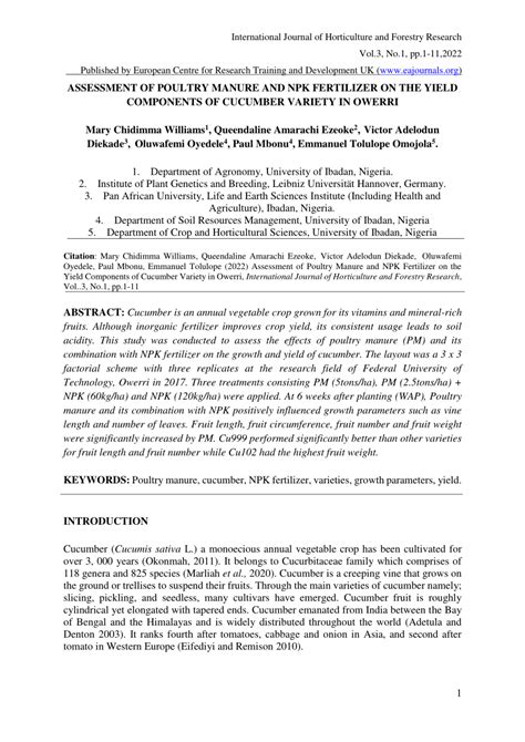 (PDF) Assessment of Poultry Manure and NPK Fertilizer on the Yield Components of Cucumber ...