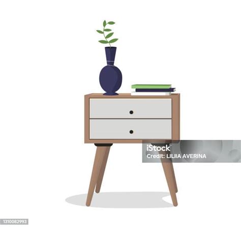 서랍 책 더미 식물이있는 꽃병이있는 나이트 스탠드 나무 물건 인테리어 아이템입니다 디자인 요소 레이아웃 일러스트레이션 인쇄 벡터 그림입니다 0명에 대한 스톡 벡터 아트 및