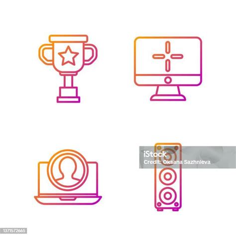 라인 스테레오 스피커를 설정 계정 화면 만들기 어워드 컵 및 컴퓨터 모니터 그라데이션 색상 아이콘입니다 벡터 상에 대한 스톡 벡터 아트 및 기타 이미지 Istock