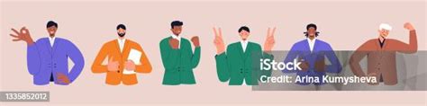 다양한 긍정적 인 감정을 제스처로 보여주는 다른 피부 색을 가진 행운의 사업가 세트 승리의 손가락 확인 기호 꽉 주먹 엄지