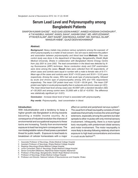 Pdf Serum Lead Level And Polyneuropathy Among Bangladeshi Patients