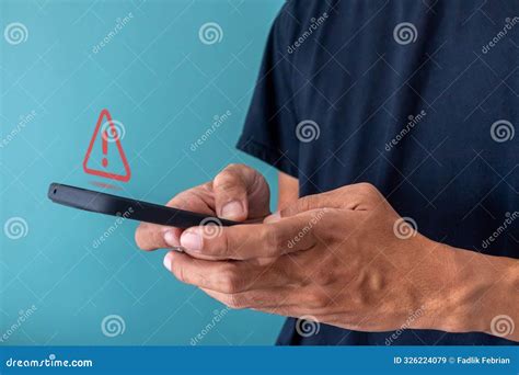 Man Using A Smartphone With Red Triangle Caution Warning Sign For Notification Error Restricted
