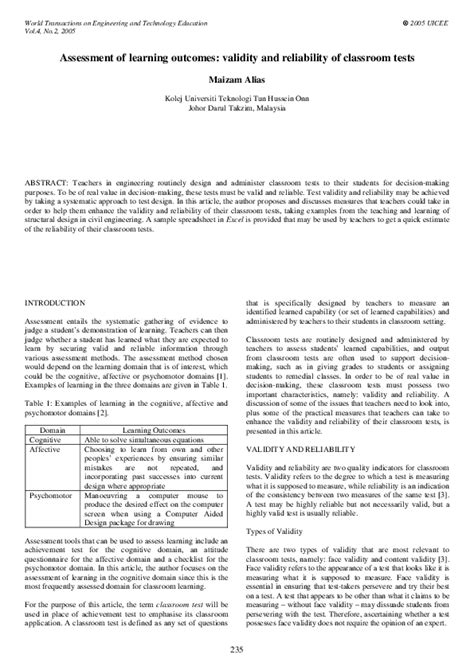 Pdf Assessments Of Learning Outcomes Validity And Reliability Of Classroom Tests