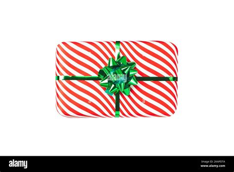 Wrapped Red T Box With Shiny Green Ribbon Bow Object Isolated On White Background A Holiday