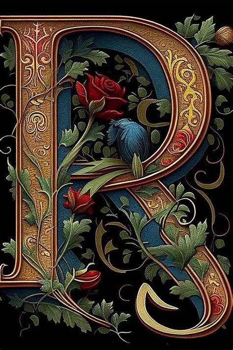 Illuminated Manuscript Letter R Initial With Classic Flourish Floral Great Birthday T