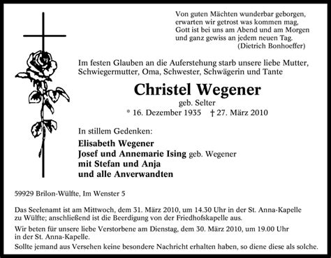 Traueranzeigen Von Christel Wegener Trauer In Nrwde