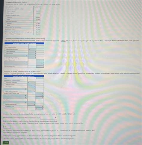 Solved Variable And Absorption Costingsummarized Data For