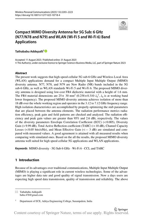 Compact Mimo Diversity Antenna For 5g Sub 6 Ghz N77 N78 And N79 And Wlan Wi Fi 5 And Wi Fi 6