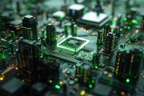 Close Up Macro Shot Of Printed Circuit Board With Computer Motherboard Component Microchip