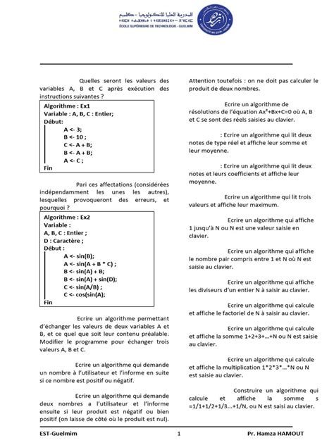 Exercices Dalgorithmes En Programmation Pdf Programmation