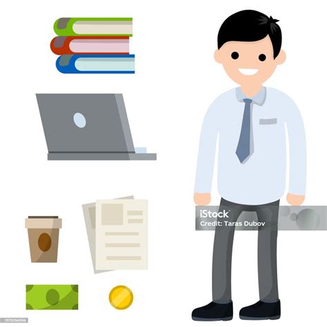 셔츠와 넥타이남성 직원 사무실 남자 및 개체 집합입니다 귀여운 캐릭터 즐거운 사람 만화 평면 일러스트 책 노트북 커피 문서 파일