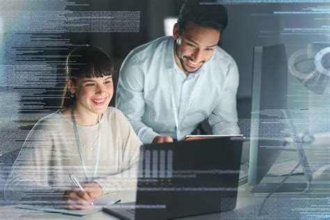 Information Technology Overlay And Team On Laptop For Digital Marketing Programming And Coding