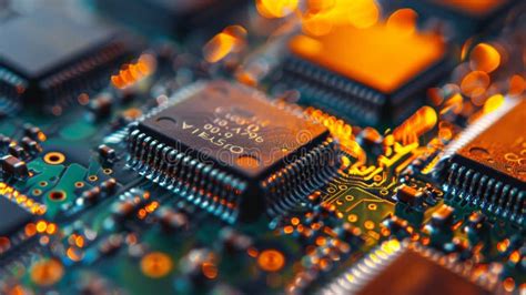Close Up Of Microprocessors On A Circuit Board With Glowing Lights