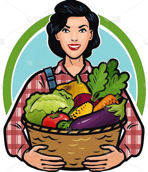 篮子清新拿着充满的女孩农民可爱的农业蔬菜素食素材 花瓣网