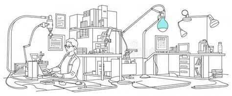 Illustrative Abstract Depiction In Fine Line Drawing Of A Scientist Performing Scientific
