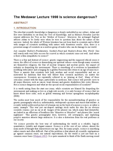 The Medawar Lecture 1998 Is Science Dangerous Wolpert 1992 Pdf Eugenics Cloning