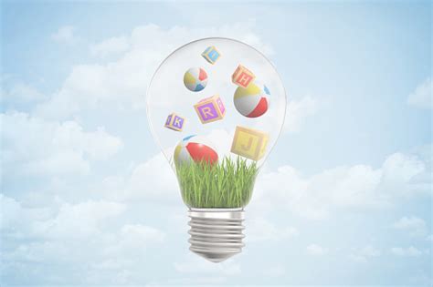 파란색 배경에 전구 내부의 녹색 잔디에 알파벳 장난감 블록과 공의 3d 렌더링 3차원 형태에 대한 스톡 사진 및 기타 이미지